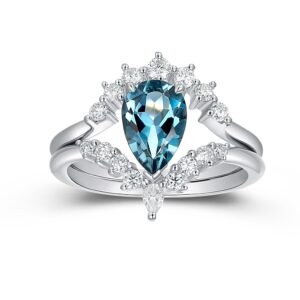 frayerr moissanite ring - 925 sterling silver wedding band - topaz wedding sets - retro 1.50 carat natural london blue topaz ring - pear shape moissanite women ring - birthstone ring - birthday gifts (7.5)