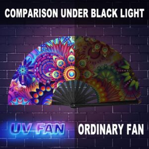 OMyTea UV Glow Rave Fan Foldable for Women/Men/Drag Queen - Large Clack Festival Folding Hand Fan - for EDM, Music Festival, Event, Party, Dance, Performance (Fantasy Flowers)