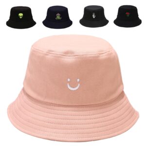 cotton bucket hat for women men summer travel sun beach bucket cap, unisex outdoor fisherman hat (smiling face pink)