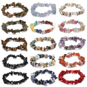 subiceto 15pcs natural gemstone chakra crystal bracelets for women men irregular tumble polished align gravel bracelet colorful healing chip stretch stone bracelets set dark