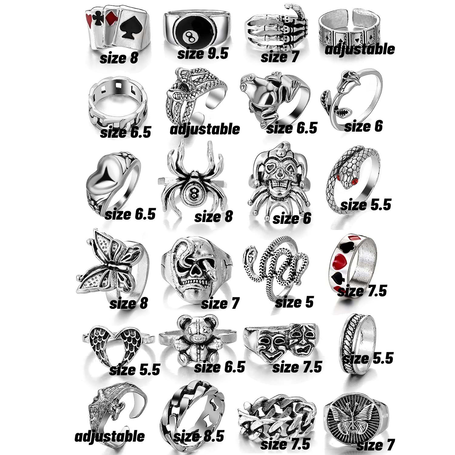 KISS WIFE Cool Rings Set for Women, Vintage Silver Punk Rings Bulk, Gothic Chunky Knuckle Emo Stackable Finger Ring Pack (Gothic)