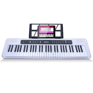 lankro 61 key keyboard piano electric keyboard kit lighted keys with lcd display, microphone, power supply, audio cable, piano key stickers, white