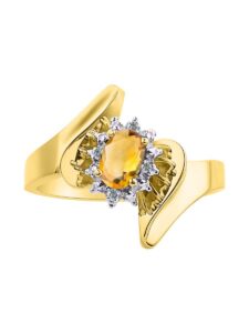 rylos floral designer ring with 6x4mm oval gemstone & sparkling diamonds in yellow gold plated silver- birthstone citrine jewelry size 7