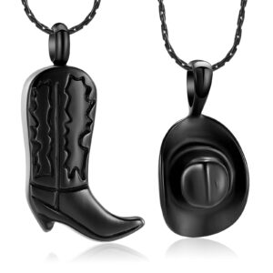 constantlife 2 pack cremation jewelry for ashes stainless steel cowboy boot & hat urn necklace keepsake memorial pendant for women men (black)