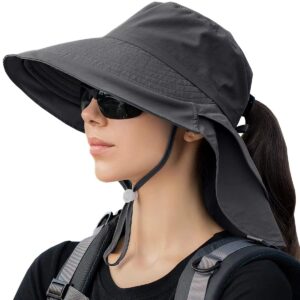 zexian womens sun hat upf 50+ wide brim and ponytail hole, hiking safari hat with neck flap (dark grey)