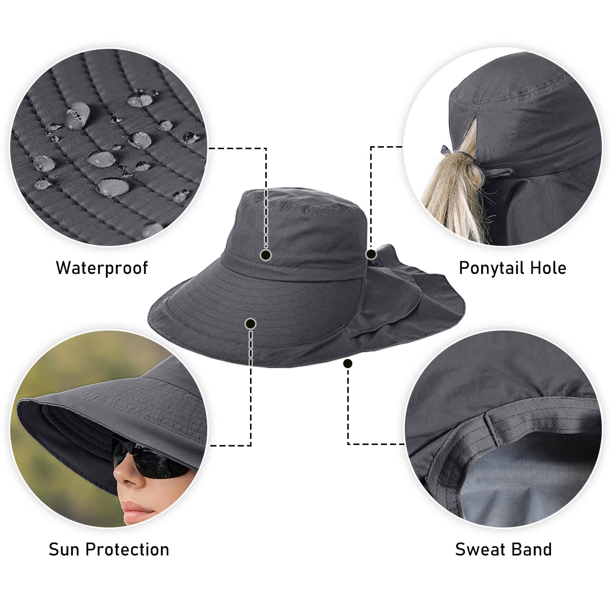 ZEXIAN Womens Sun Hat UPF 50+ Wide Brim and Ponytail Hole, Hiking Safari Hat with Neck Flap (Dark Grey)