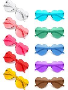 10 pcs heart sunglasses bulk heart shaped rimless sunglasses for women frameless glasses transparent candy color fun sunglasses party sunglasses for men party favors, 10 colors