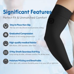 NURCOM® Medical Compression Arm Sleeve for Men Women, 2 Pack, 20-30mmHg with Silicone Band for Lymphedema, Lipedema, Pain Relief, Edema, Swelling, Post Surgery Recovery, Black M