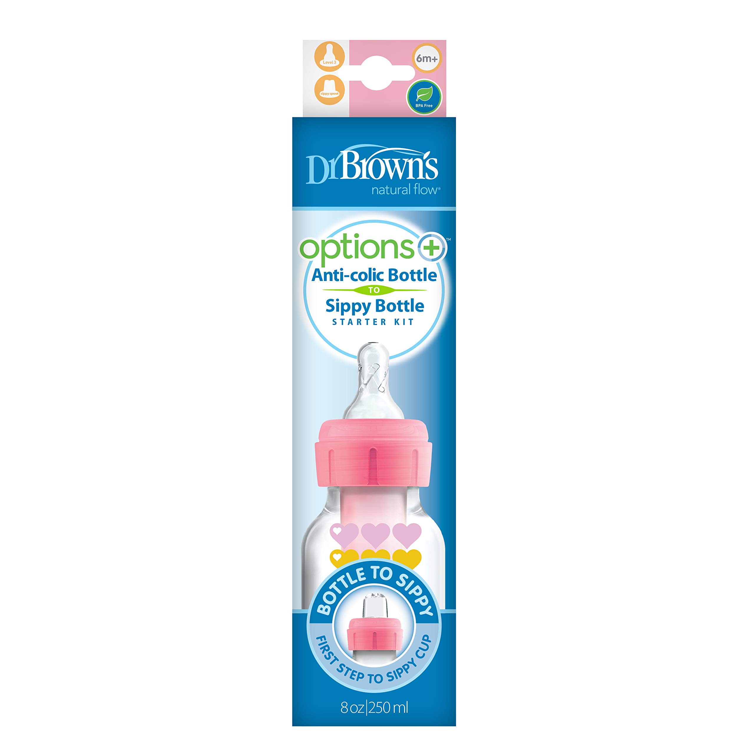 Dr. Brown’s Natural Flow® Anti-Colic Options+™ Narrow Sippy Bottle Starter Kit, 8oz/250mL, with Level 3 Medium-Fast Flow Nipple and 100% Silicone Soft Sippy Spout, 3 Pack, Green, Blue, & Pink, 6m+