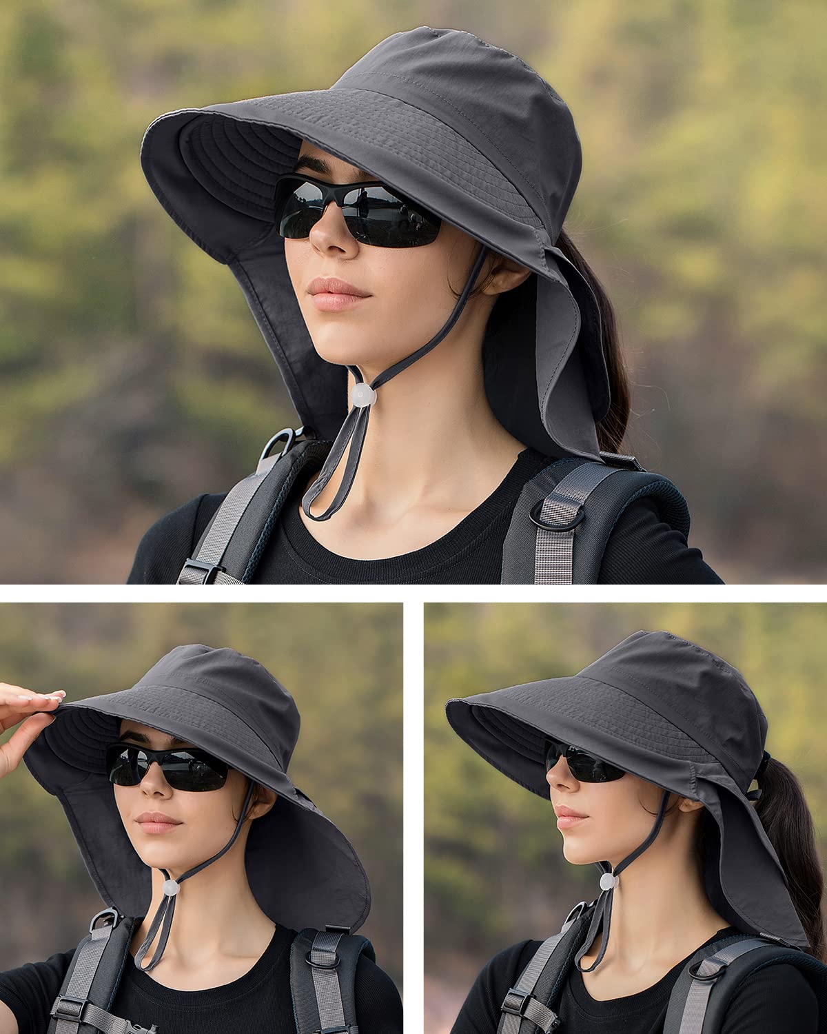 ZEXIAN Womens Sun Hat UPF 50+ Wide Brim and Ponytail Hole, Hiking Safari Hat with Neck Flap (Dark Grey)