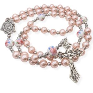 Nazareth Store Flowers Beads Rosary Necklace Crystallized Glass Pearl Beaded Rosary Miraculous Medal and Crucifix (Pink)