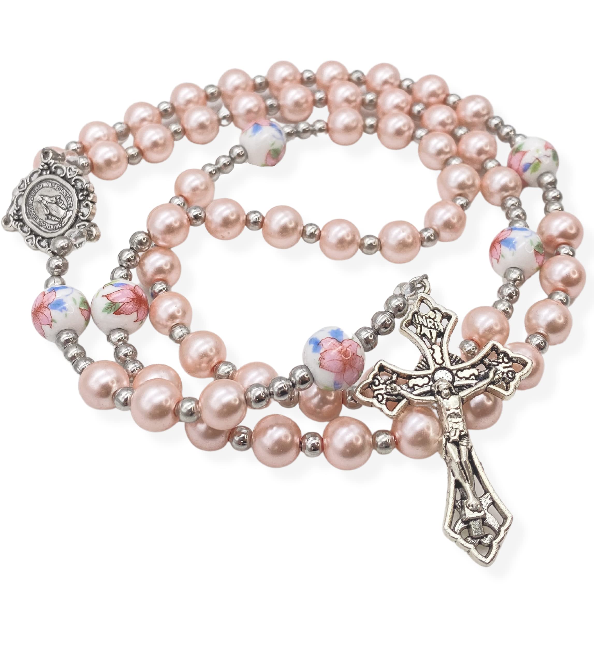 Nazareth Store Flowers Beads Rosary Necklace Crystallized Glass Pearl Beaded Rosary Miraculous Medal and Crucifix (Pink)