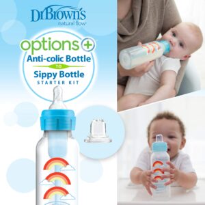 Dr. Brown’s Natural Flow® Anti-Colic Options+™ Narrow Sippy Bottle Starter Kit, 8oz/250mL, with Level 3 Medium-Fast Flow Nipple and 100% Silicone Soft Sippy Spout, 3 Pack, Green, Blue, & Pink, 6m+