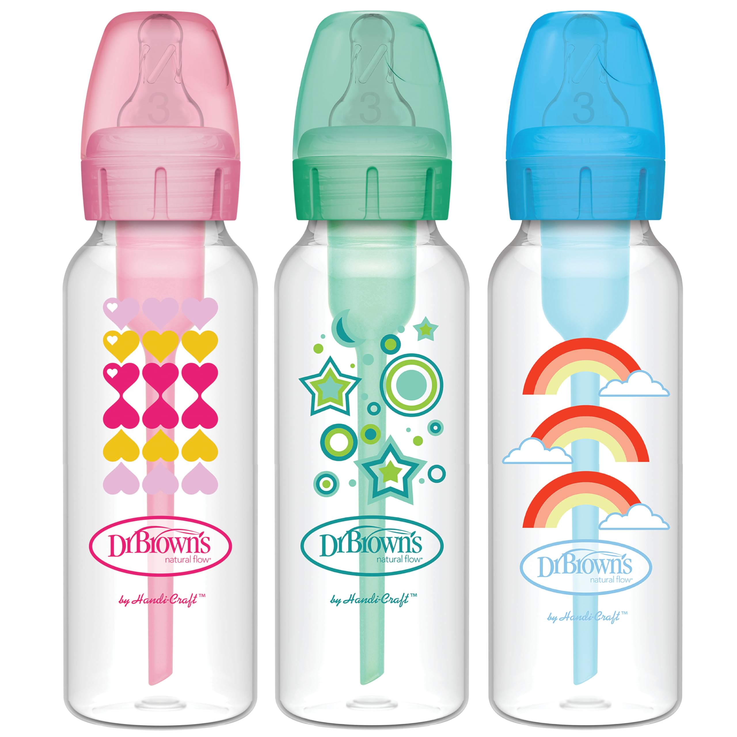 Dr. Brown’s Natural Flow® Anti-Colic Options+™ Narrow Sippy Bottle Starter Kit, 8oz/250mL, with Level 3 Medium-Fast Flow Nipple and 100% Silicone Soft Sippy Spout, 3 Pack, Green, Blue, & Pink, 6m+