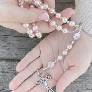 Nazareth Store Flowers Beads Rosary Necklace Crystallized Glass Pearl Beaded Rosary Miraculous Medal and Crucifix (Pink)