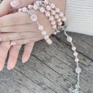 Nazareth Store Flowers Beads Rosary Necklace Crystallized Glass Pearl Beaded Rosary Miraculous Medal and Crucifix (Pink)