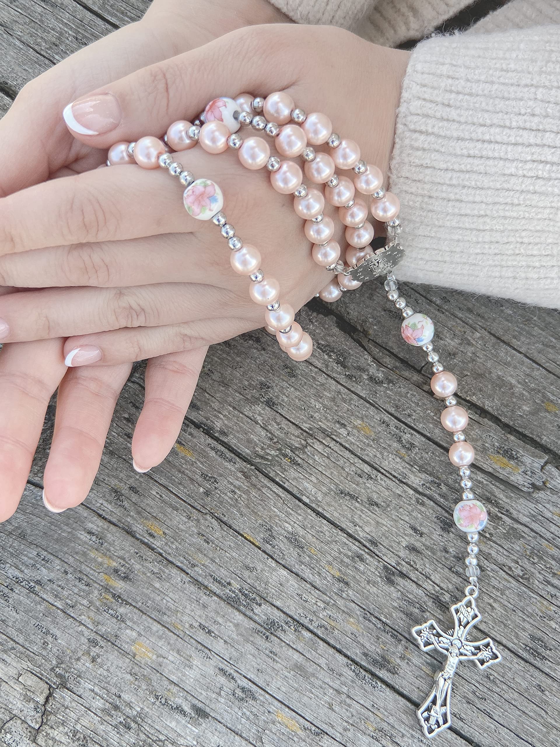 Nazareth Store Flowers Beads Rosary Necklace Crystallized Glass Pearl Beaded Rosary Miraculous Medal and Crucifix (Pink)