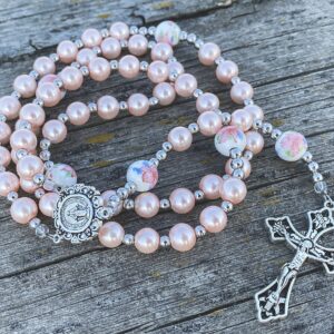 Nazareth Store Flowers Beads Rosary Necklace Crystallized Glass Pearl Beaded Rosary Miraculous Medal and Crucifix (Pink)