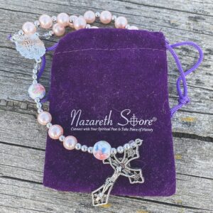 Nazareth Store Flowers Beads Rosary Necklace Crystallized Glass Pearl Beaded Rosary Miraculous Medal and Crucifix (Pink)