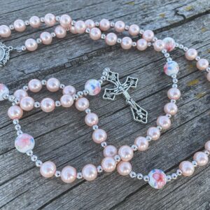 Nazareth Store Flowers Beads Rosary Necklace Crystallized Glass Pearl Beaded Rosary Miraculous Medal and Crucifix (Pink)