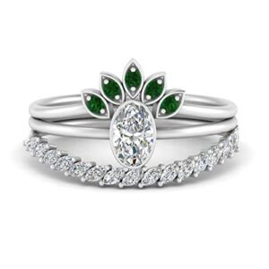 Jewelryonclick Marquise Band With Bezel Set Solitaire Ring 925 Sterling Silver Created Emerald Oval shape Green color Trio Wedding Ring Sets bezel Setting in Size 6 Fashion Jewelry