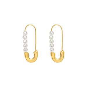 retro pearl safety pin cartilage hoop earrings for women girls stainless steel imitation pearls cute hoops dangle drop fashion hypoallergenic jewelry gifts 25mm (gold)