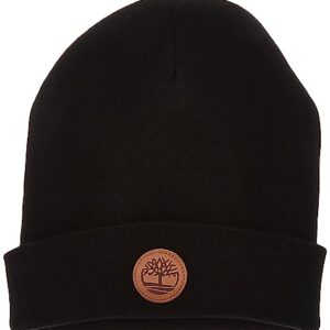 Timberland Men's Cuffed Beanie with Leather Logo Patch, Black, One Size