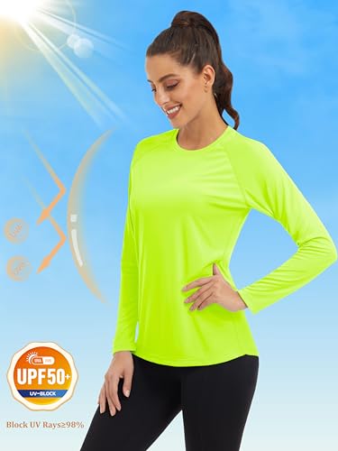 MAGCOMSEN Woman Athletic Top Fitted Running Shirts Women Sun Protection Shirts for Women Lightweight Shirts Long Sleeve Shirts for Women Fluorescent Green