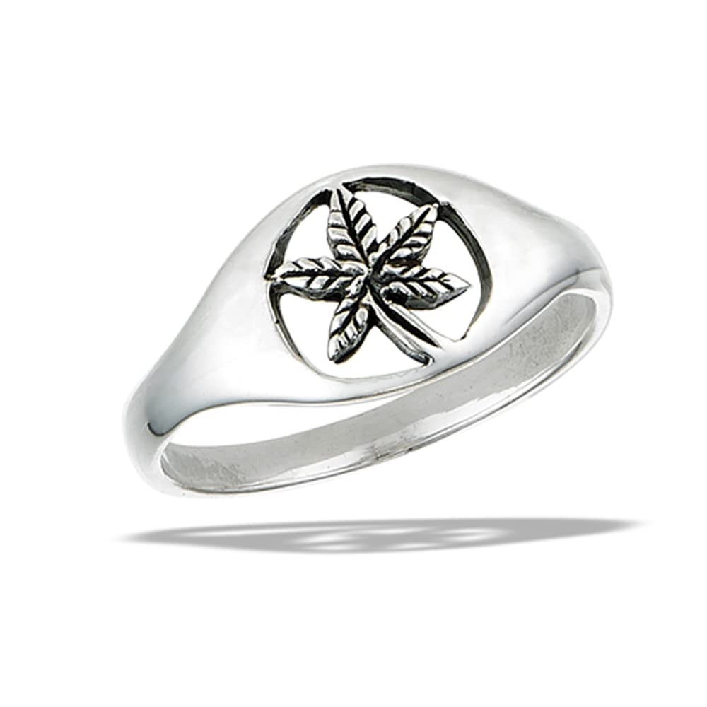 Cannabis Leaf Marijuana Pot Grass Hemp Ring .925 Sterling Silver Band Size 8