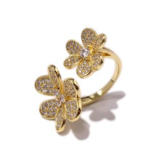 double clover rings for women luxury 18k gold plated aaa cubic zirconia adjustable ring (gold) (z300)