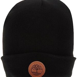 Timberland Men's Cuffed Beanie with Leather Logo Patch, Black, One Size