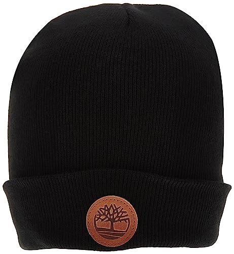 Timberland Men's Cuffed Beanie with Leather Logo Patch, Black, One Size