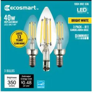 EcoSmart 40-Watt Equivalent B11 Dimmable Energy Star Clear Glass Candelabra LED Vintage Edison Light Bulb Bright White (3-Pack)