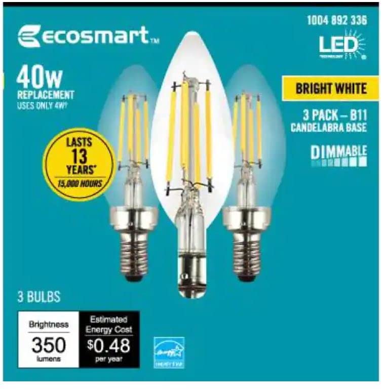 EcoSmart 40-Watt Equivalent B11 Dimmable Energy Star Clear Glass Candelabra LED Vintage Edison Light Bulb Bright White (3-Pack)