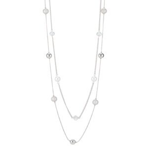 silver layered long necklace for women pearl crystal sweater strand chain necklaces fashion gifts(white)