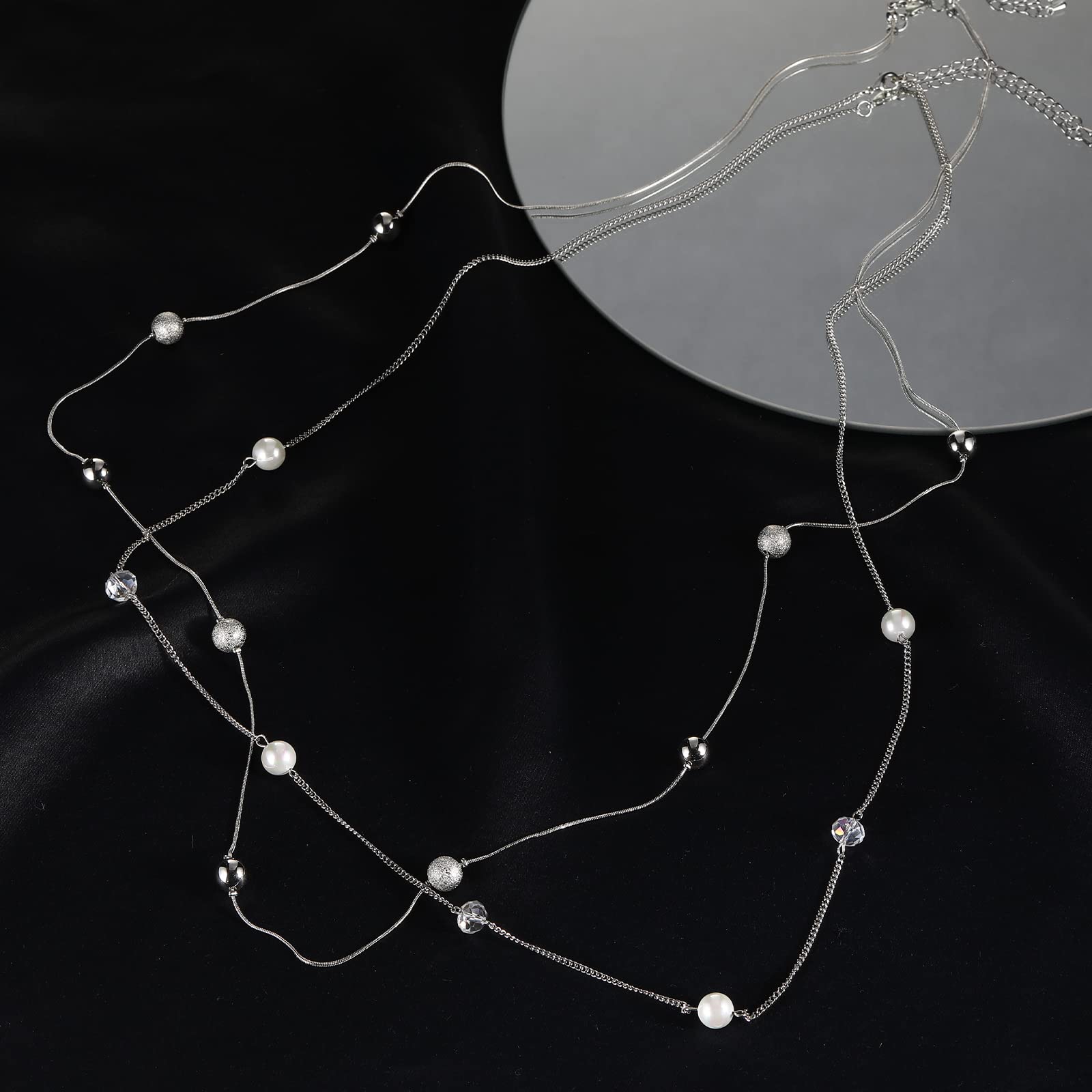 Silver Layered Long Necklace for Women Pearl Crystal Sweater Strand Chain Necklaces Fashion Gifts(White)