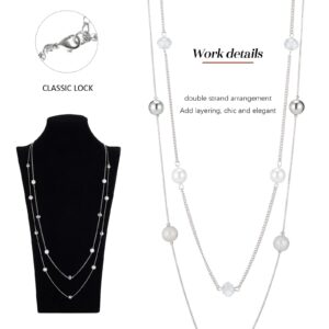 Silver Layered Long Necklace for Women Pearl Crystal Sweater Strand Chain Necklaces Fashion Gifts(White)