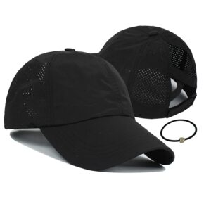 mukeyo womens criss cross ponytail baseball cap adjustable messy high bun ponycap quick drying mesh trucker hat for outdoor sports travel black