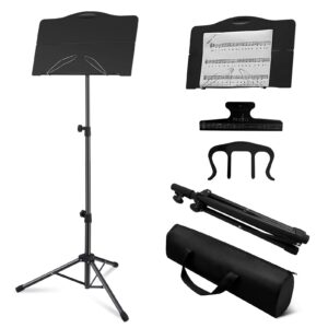 oukmic music stand, folding sheet music stand with carrying bag, portable and lightweight music book stand with instrument book clip & page holder for performence, guitar, ukulele, violin players