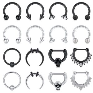 tokring 16pcs 16g septum nose rings, stainless steel hinged seamless nose hoop ring, piercing jewelry horseshoe helix tragus cartilage earrings for women men