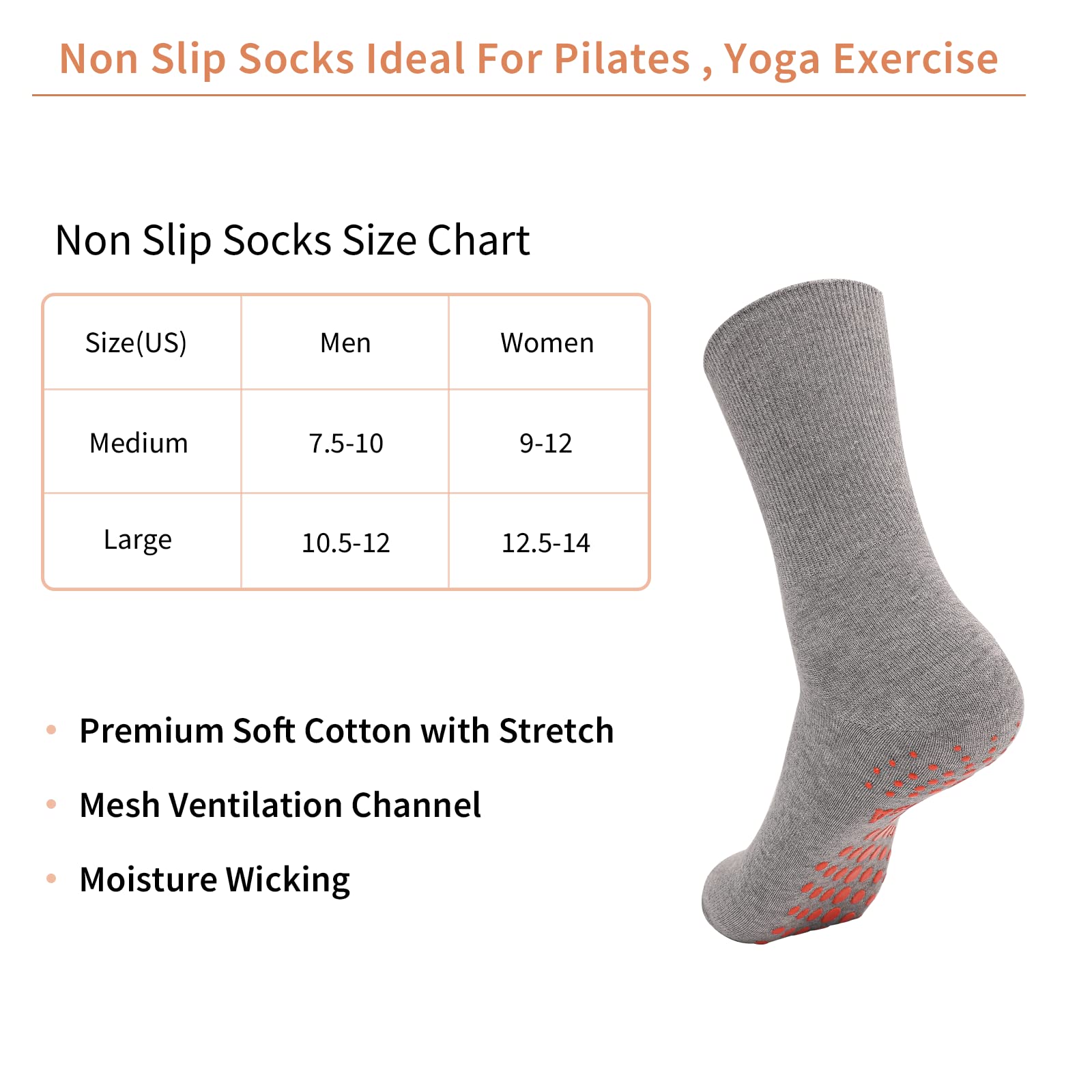 Aaronano Non Slip Grippy Sock-Non Skid Crew Socks for Elderly Yoga Hospital Socks Men Women 5 light Gray M