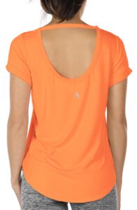 icyzone open back yoga shirts for women - exercise workout tops, athletic short sleeves, running t-shirts loose fit (orange, l)