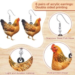 6 Pairs Acrylic Hen Chicken Earrings Animal Rooster Drop Dangle Earrings Cute Farm Chicken Jewelry for Women Ladies Gift