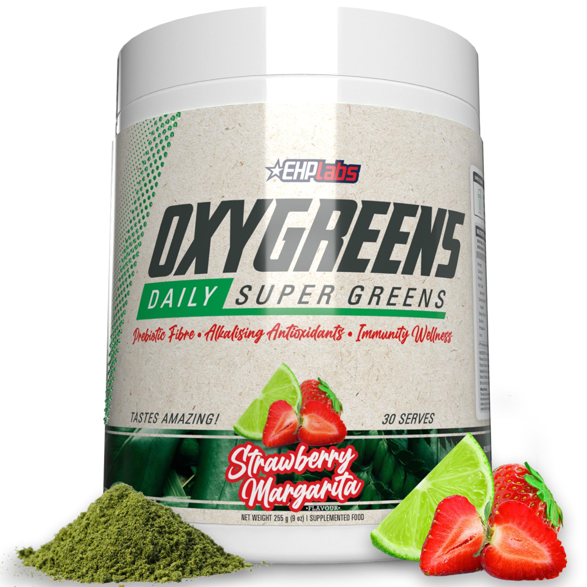 EHP Labs OxyGreens Super Greens Powder - Spirulina, Chlorella Superfood, Green Juice Powder & Greens Supplements with Prebiotic Fibre, Antioxidants & Immunity Support, 30 Serves (Strawberry Margarita)