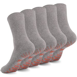 aaronano non slip grippy sock-non skid crew socks for elderly yoga hospital socks men women 5 light gray m