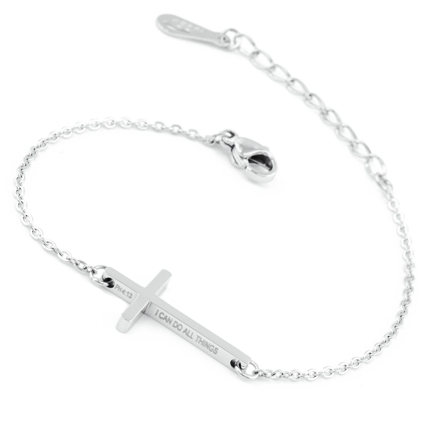 WDSHOW Silver Sideways Cross Bracelets Faith Jewelry Gifts for Women Bible Verse I CAN DO All Things