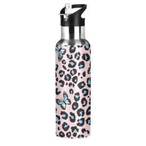 senya water bottle 0014 stainless steel with straw lid kids thermos bottle water flask butterfly leopard cheetah print for sport office gym outdoor school 20 oz