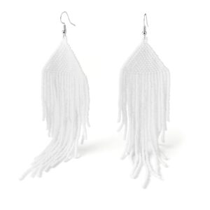 handmade beaded tassel earrings - boho drop fringe earrings for women, native american indian earrings (long white)