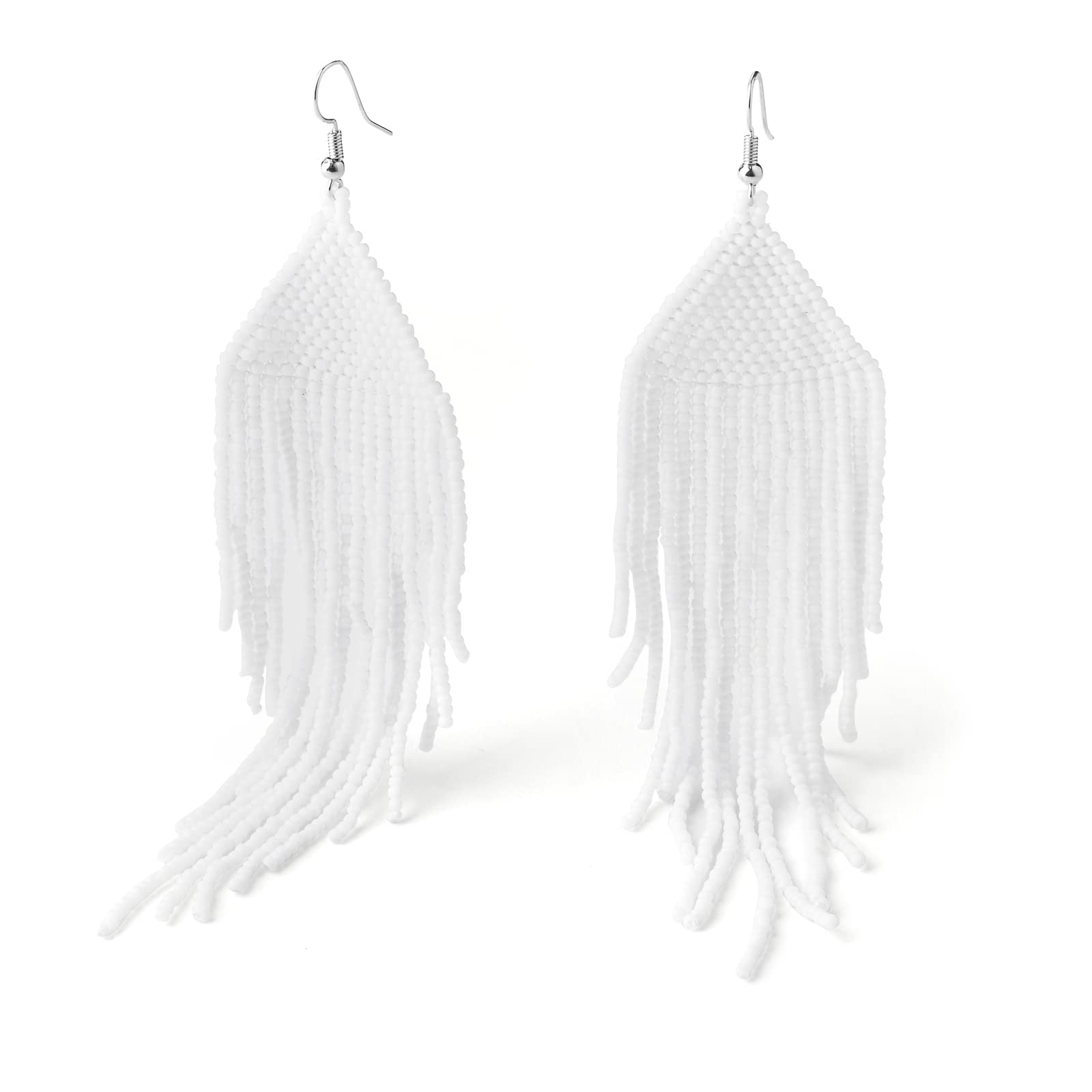 Handmade Beaded Tassel Earrings - Boho Drop Fringe Earrings for women, Native American Indian Earrings (Long White)