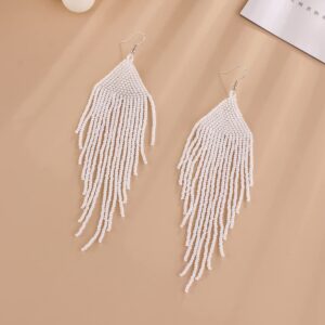 Handmade Beaded Tassel Earrings - Boho Drop Fringe Earrings for women, Native American Indian Earrings (Long White)